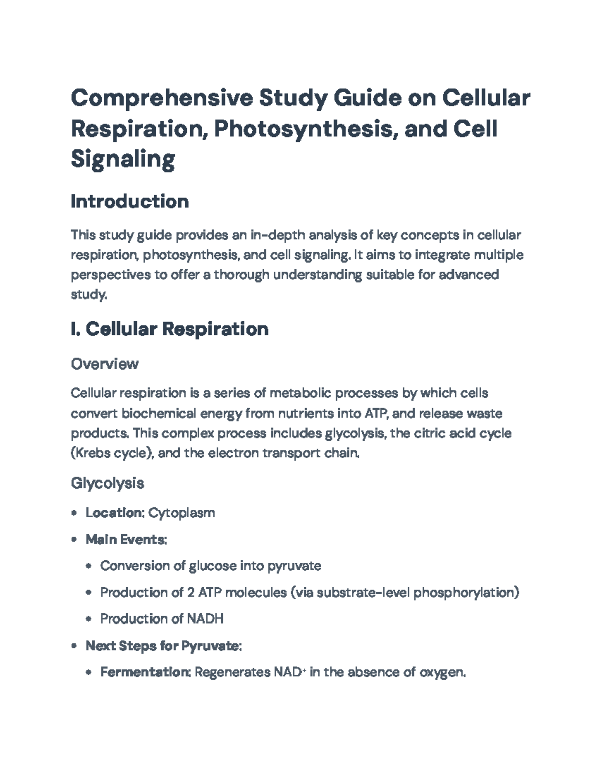 Comprehensive Study Guide: Cellular Respiration, Photosynthesis ...