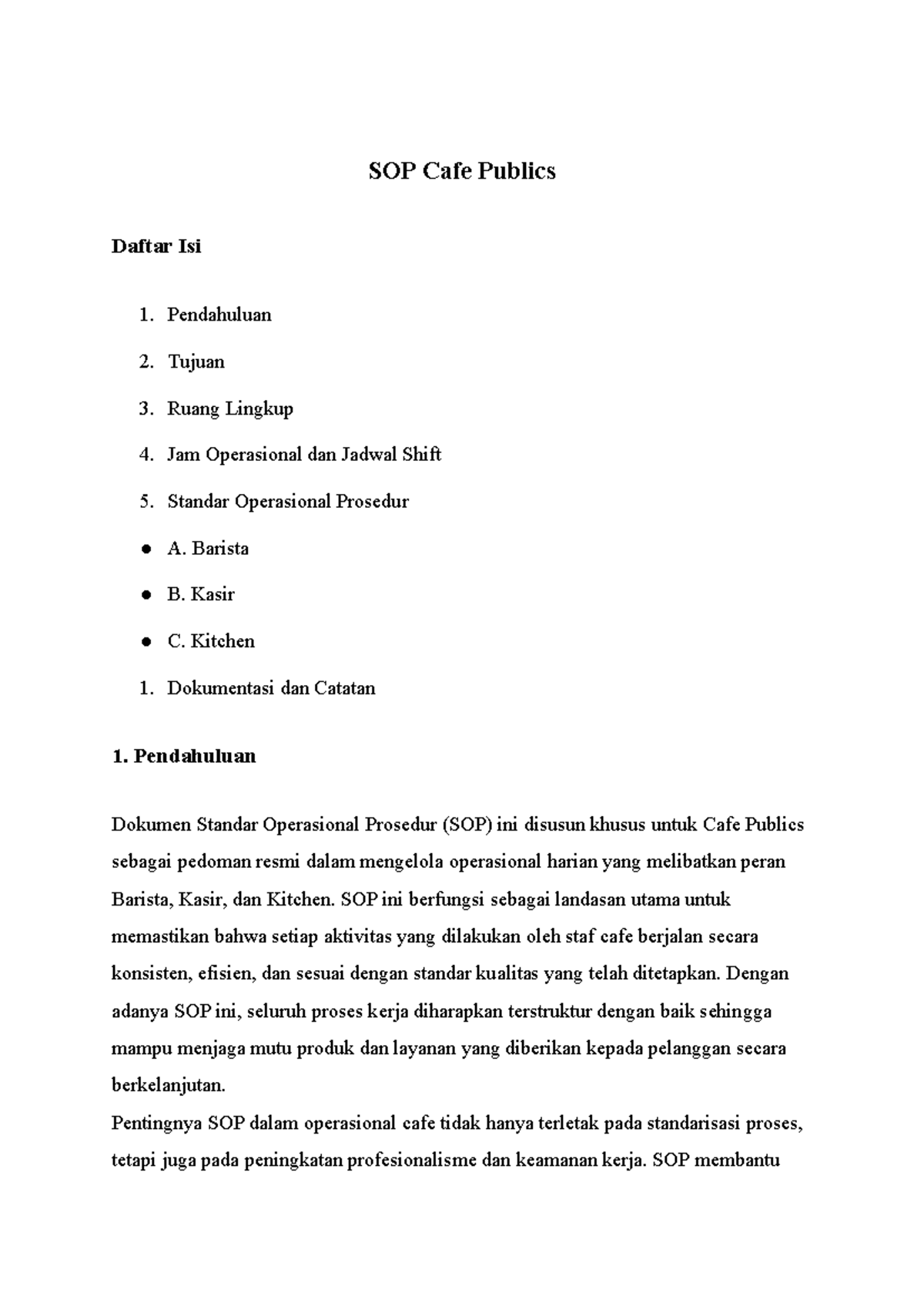 SOP Cafe Publics: Panduan Operasional Barista, Kasir, dan Kitchen - Studocu