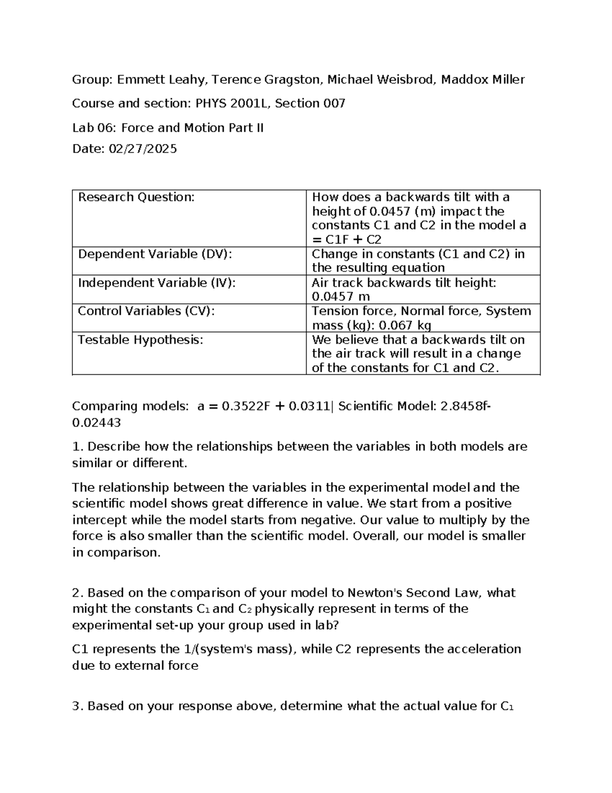 Lab 06 - Force and Motion Part II - Group: Emmett Leahy, Terence ...