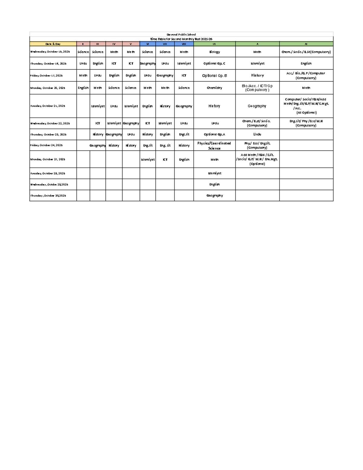 DPS 2nd Monthly Test Time Table 2025-26 - Studocu