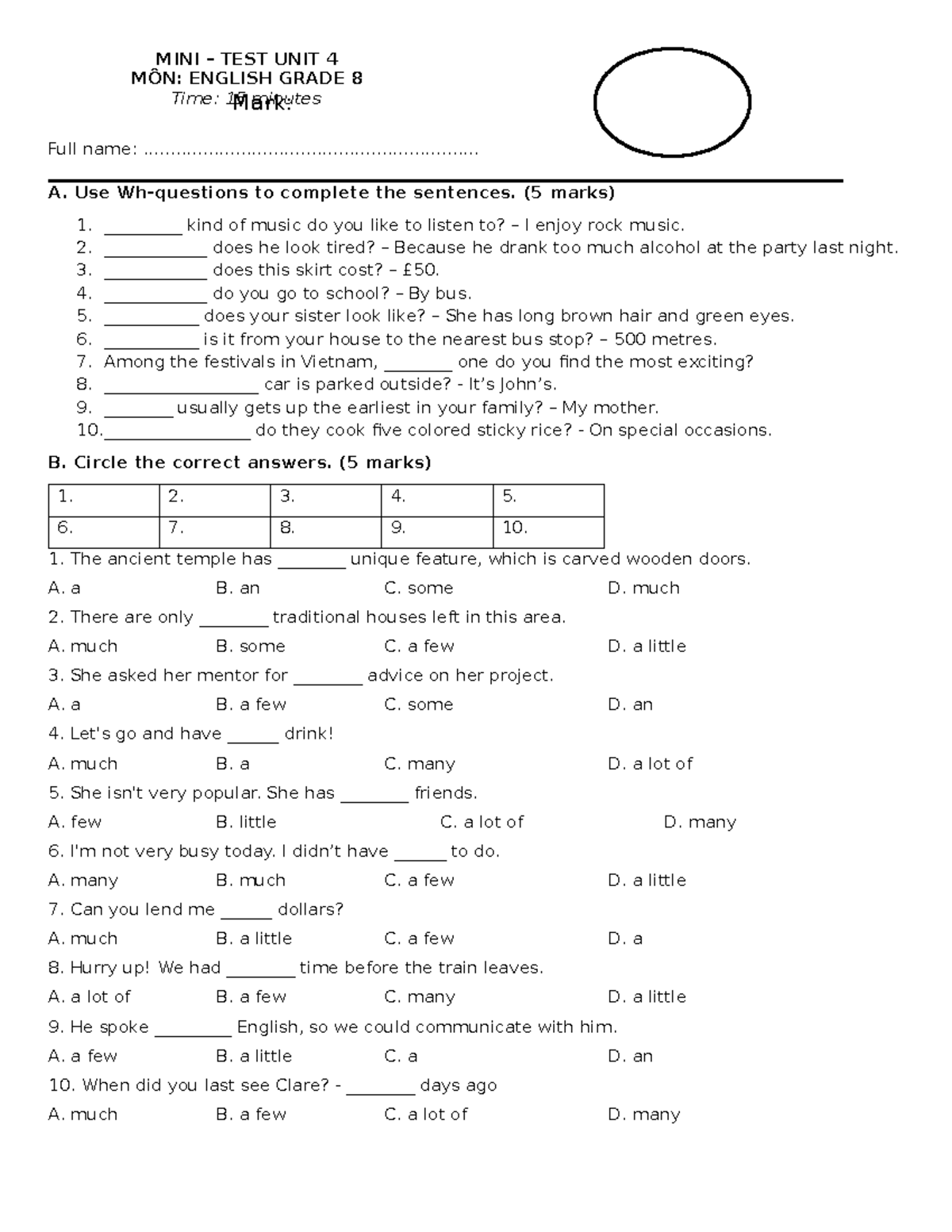MINI TEST UNIT 4 - ENGLISH GRADE 8 (Grammar Review) - Studocu