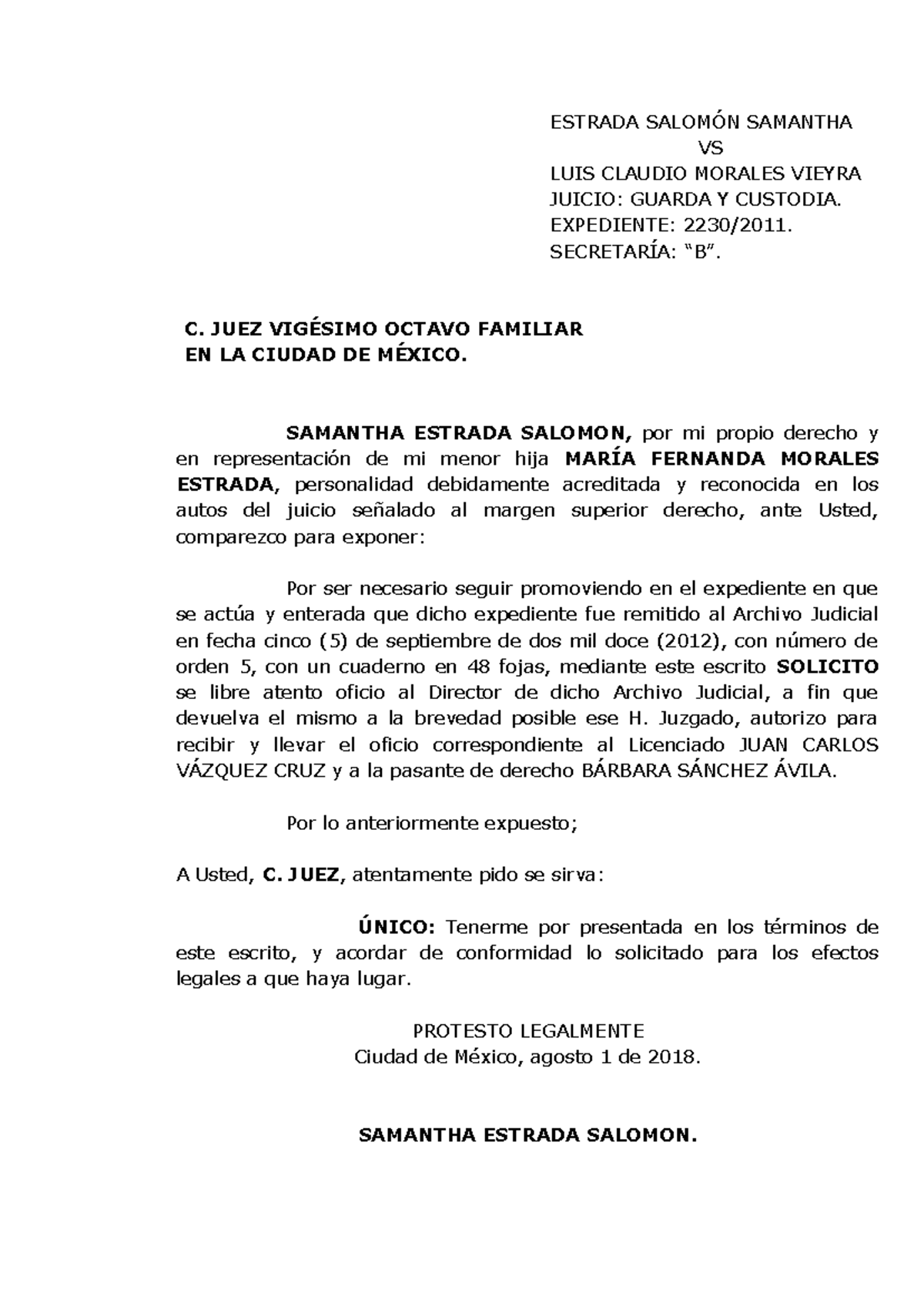Escrito Devolucion DE EXP DE Archivo Samantha - ESTRADA SALOMÓN ...