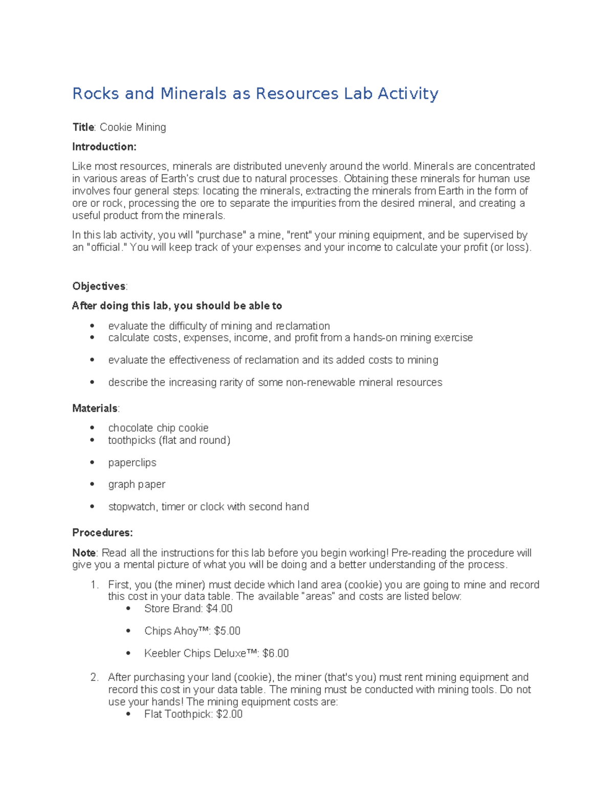 Rocks and Minerals Lab Activity: Cookie Mining Exploration and ...