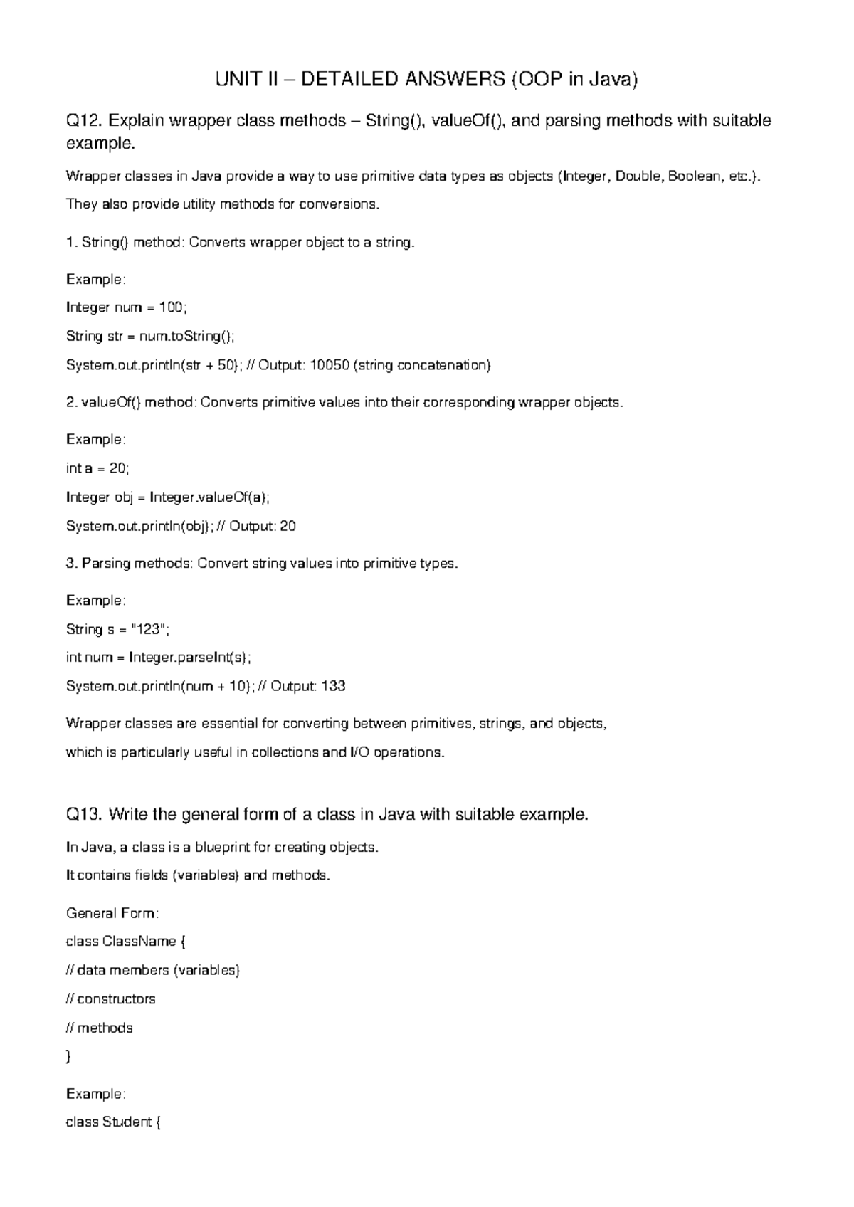 Unit II Detailed Answers (OOP in Java) - Wrapper Classes, Objects, and More - Studocu