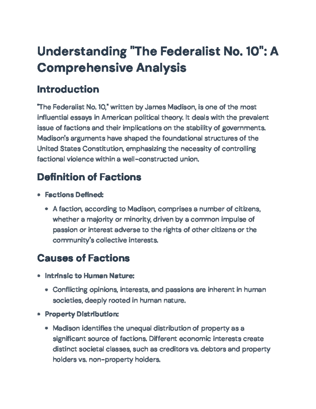 The Federalist No. 10: An In-Depth Analysis of Faction Control ...