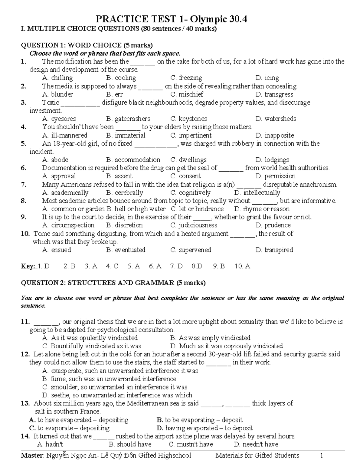 Practice Test 1 - HS - Multiple Choice & Grammar Questions - Studocu