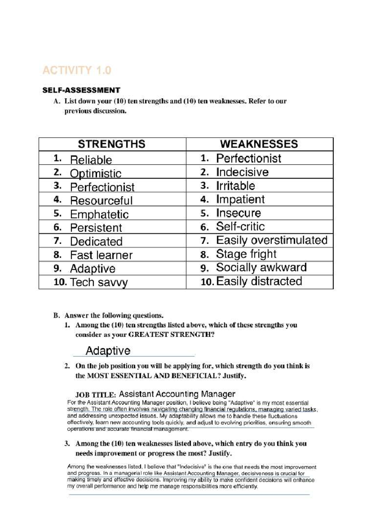 Activity 1 strengths and weaknesses - ACTIVITY 1 A. List down your (10 ...