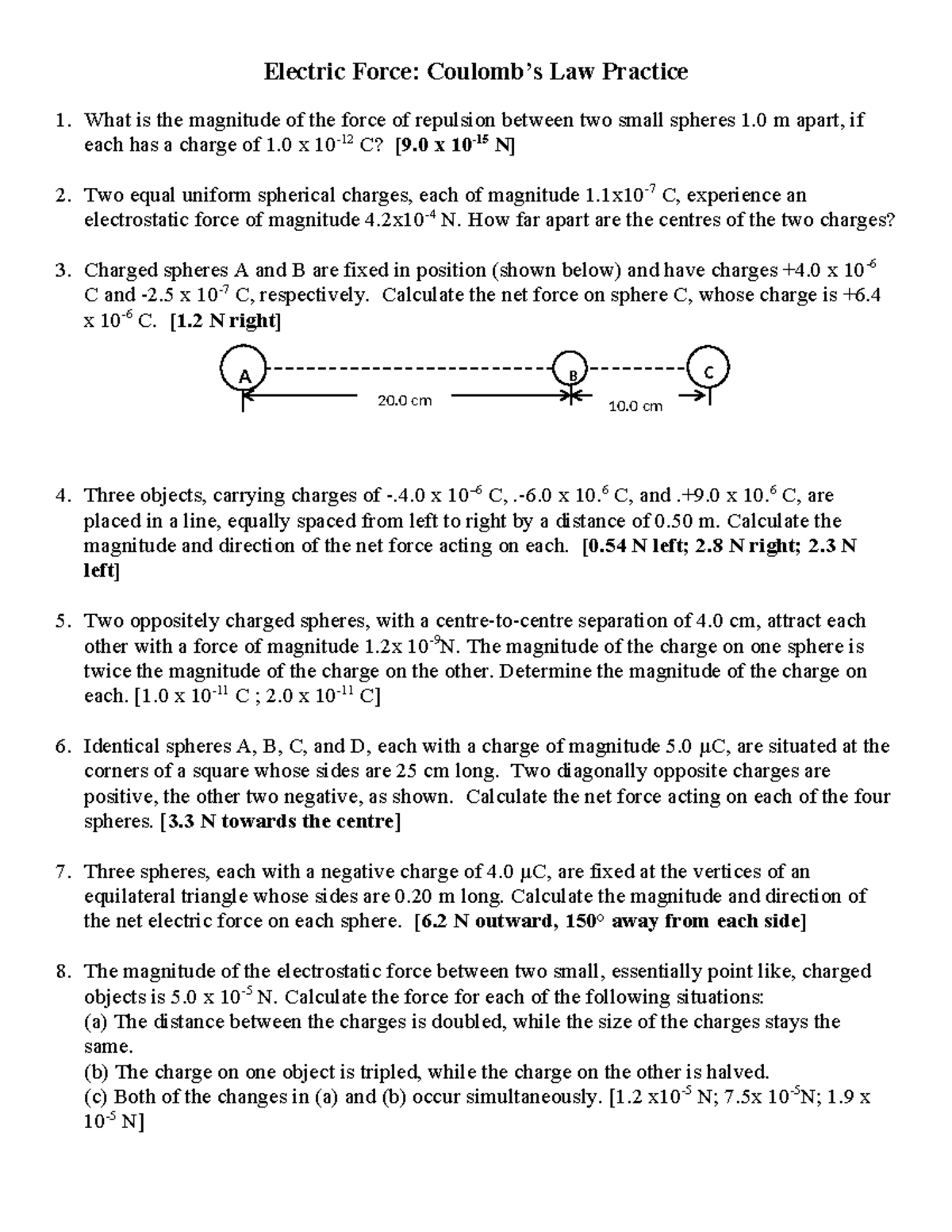 Coulomb's Law Practice Questions - Copy - Electric Force: Coulomb’s Law ...