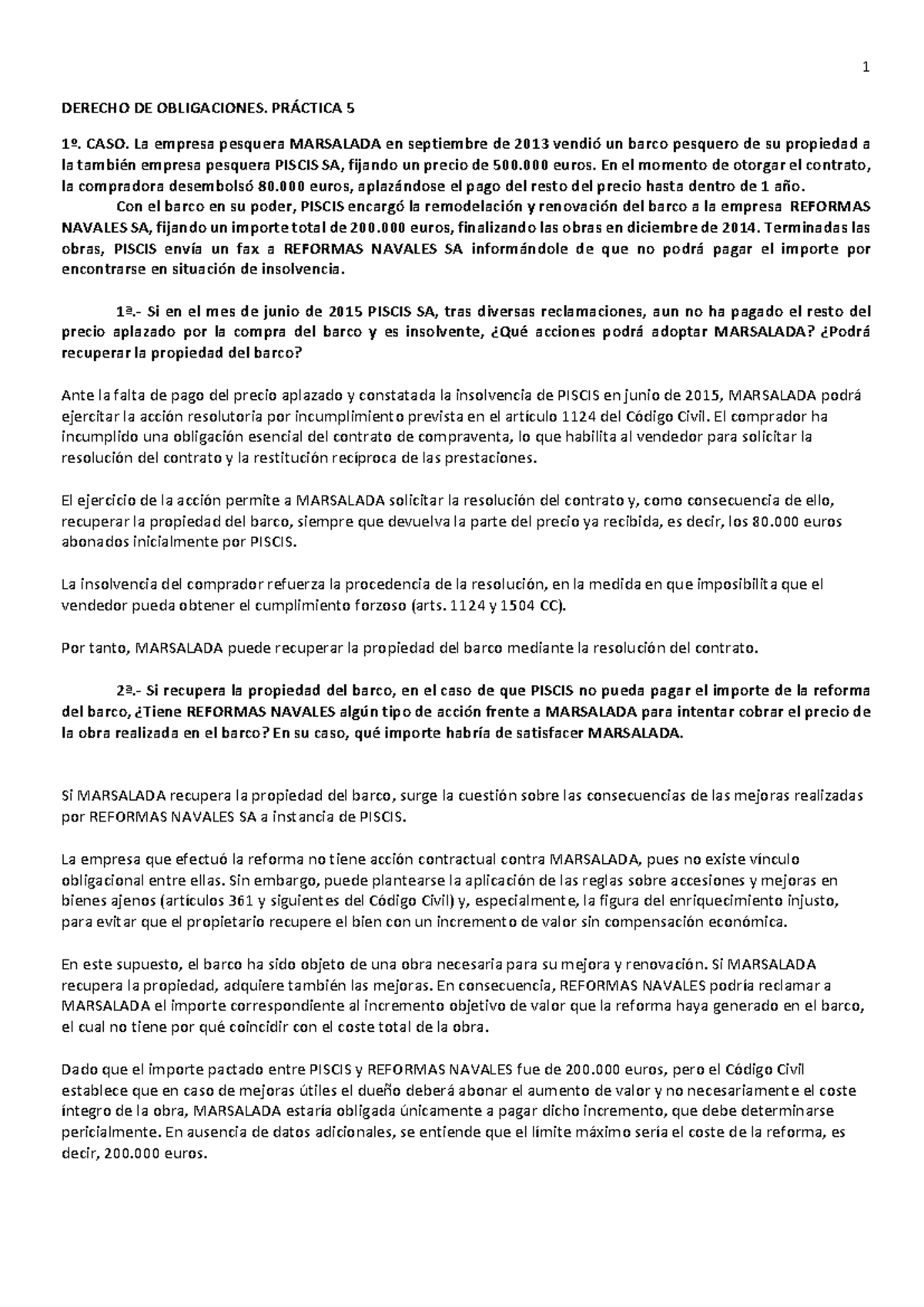 Práctica 5 DERECHO DE OBLIGACIONES: Cumplimiento e Incumplimiento 2025 ...