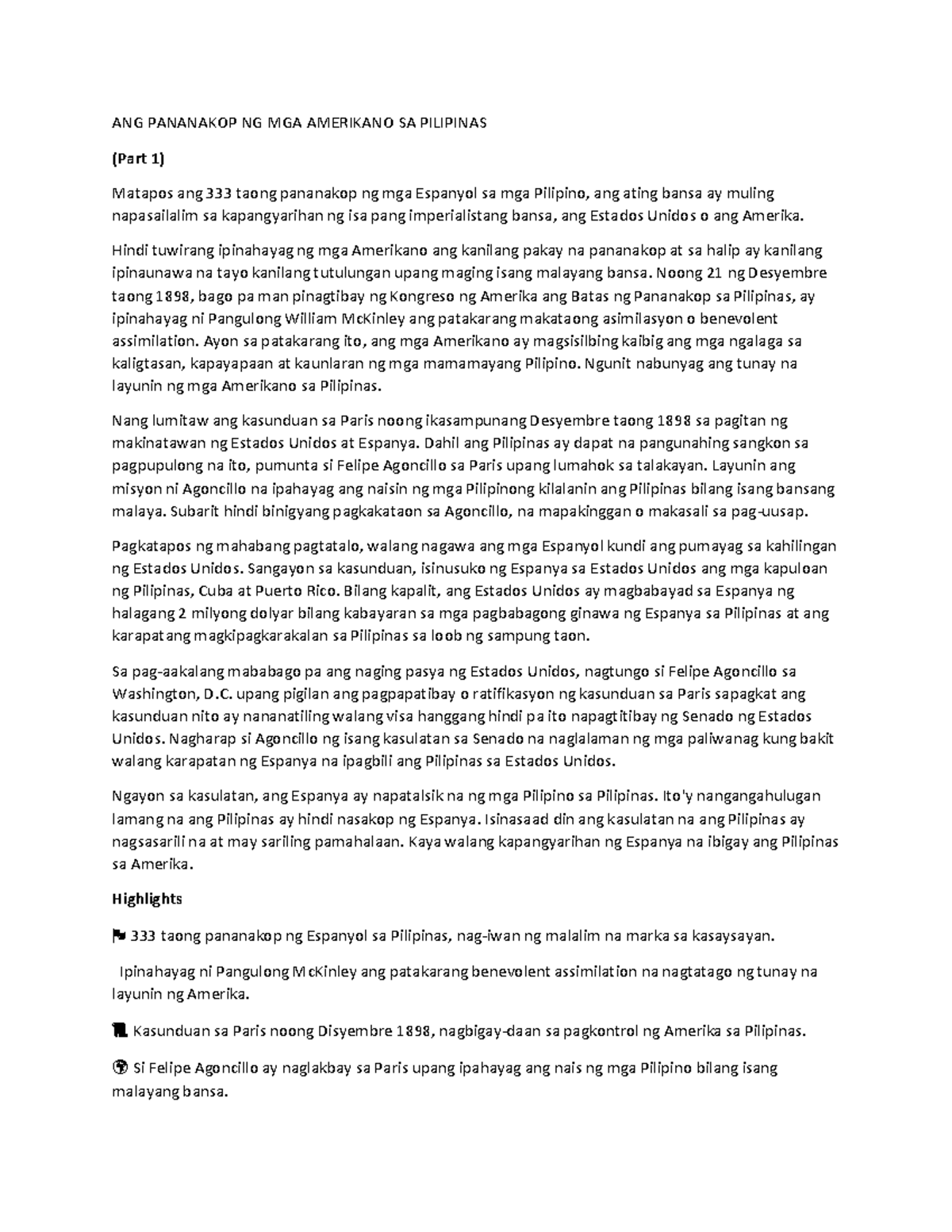 ANG PANANAKOP NG MGA AMERIKANO SA PILIPINAS: Kasaysayan at Epekto - Studocu