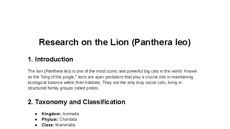 Research on the Lion (Panthera leo): Ecology, Behavior, and ...