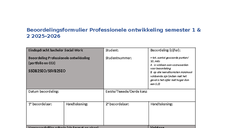 Beoordelingsformulier Professionele Ontwikkeling 2025-2026 - Bachelor Social - Studeersnel