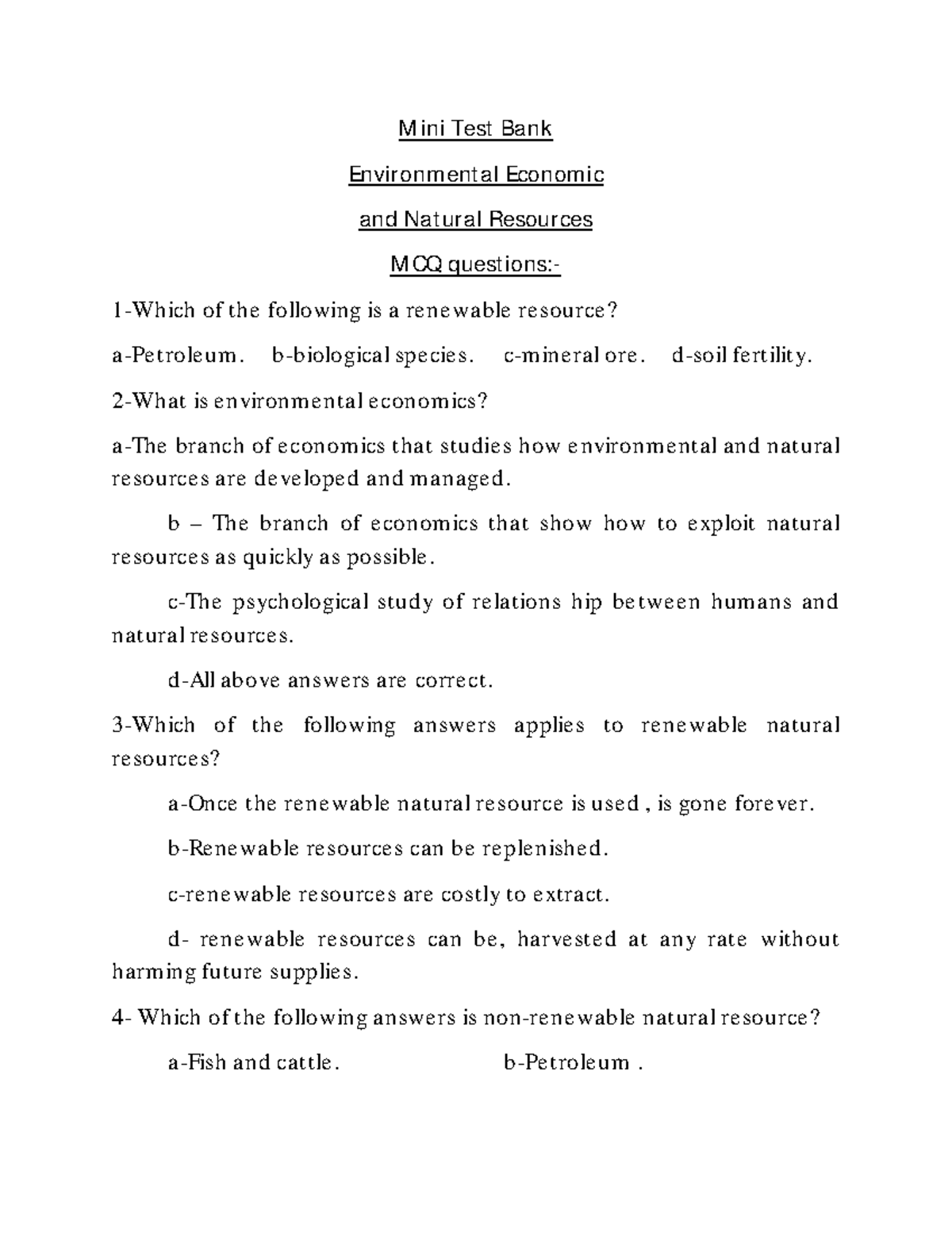 Mini Test Bank: Environmental Economics & Natural Resources MCQs - Studocu