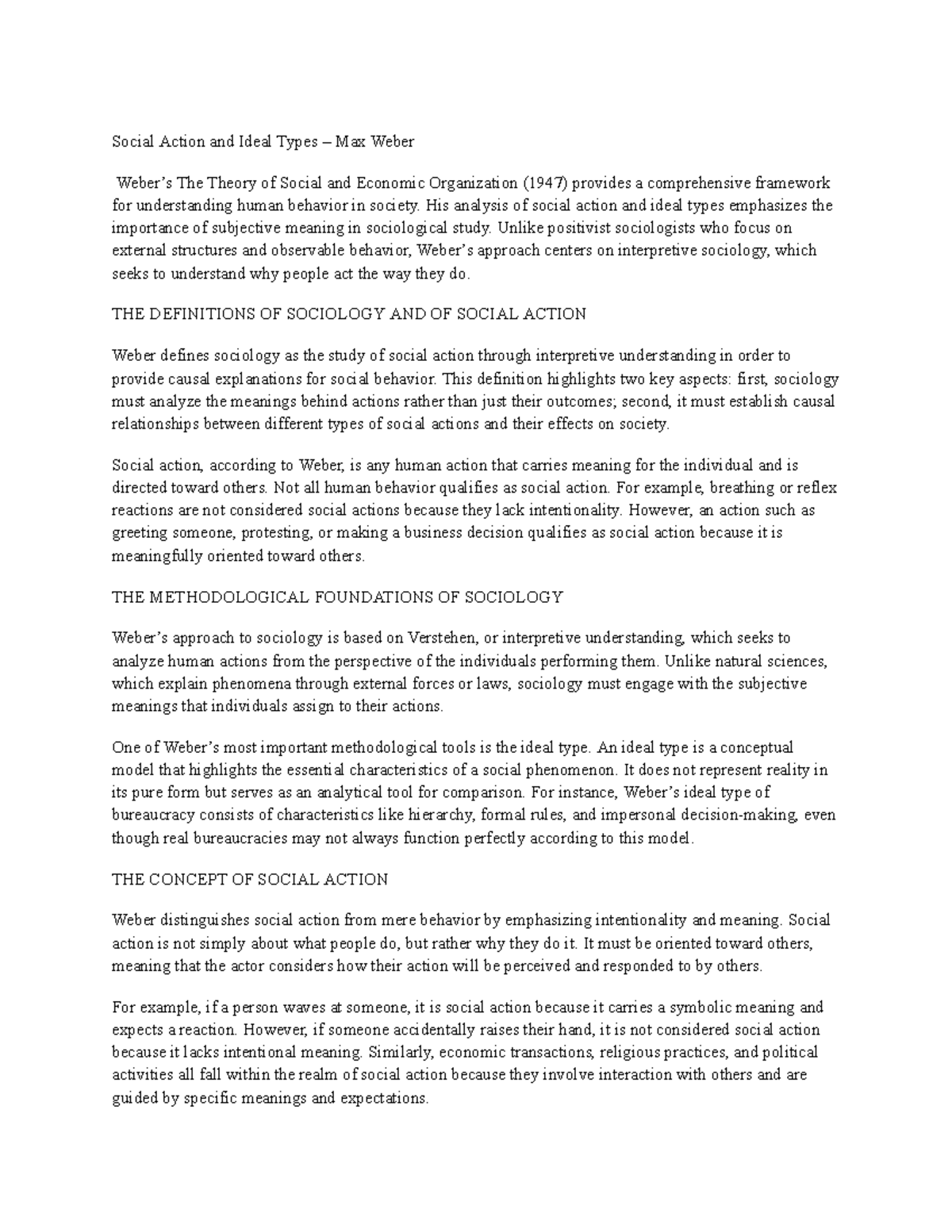 Weber - Summary of Social Action and Ideal Types in Sociology - Studocu