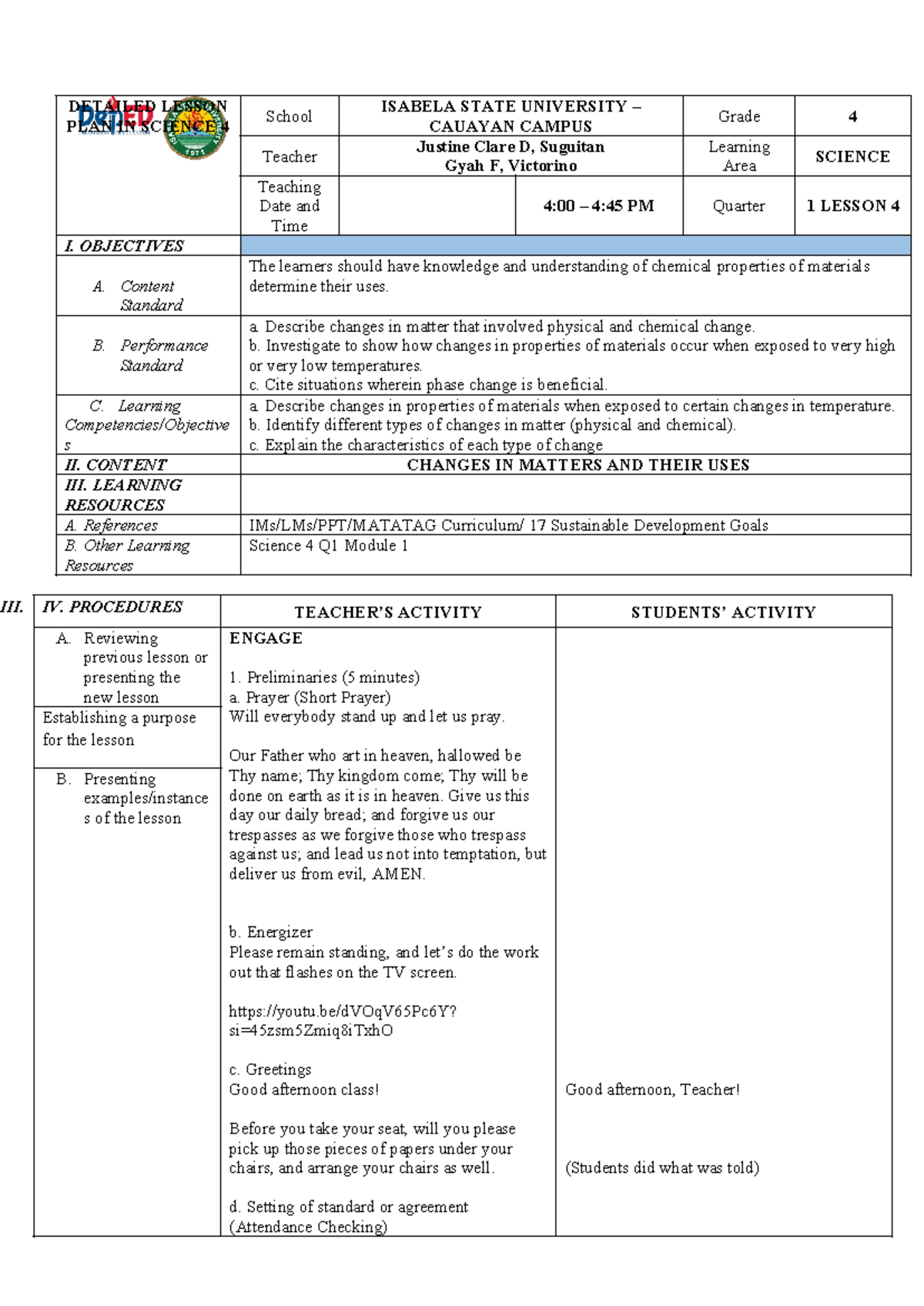 DLP-SCI4: Detailed Lesson Plan on Changes in Matter for Grade 4 - Studocu