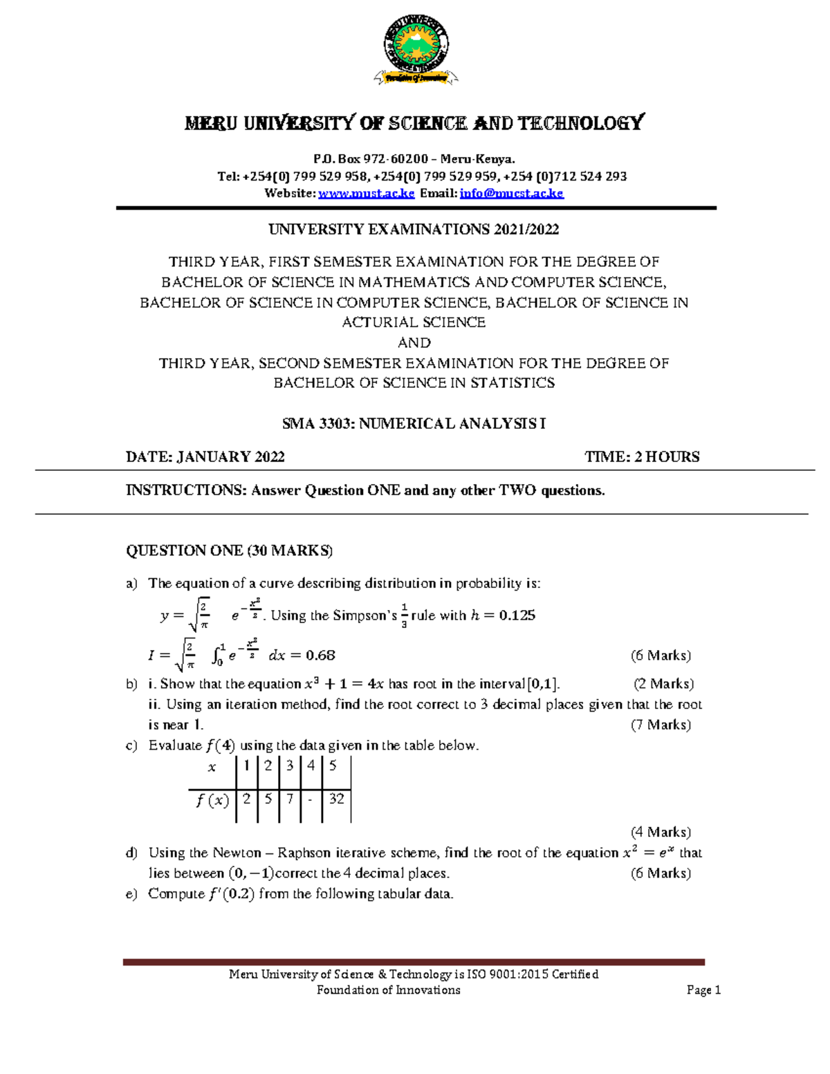 SMA 3303 Final Exam: Numerical Analysis I January 2022 - Studocu