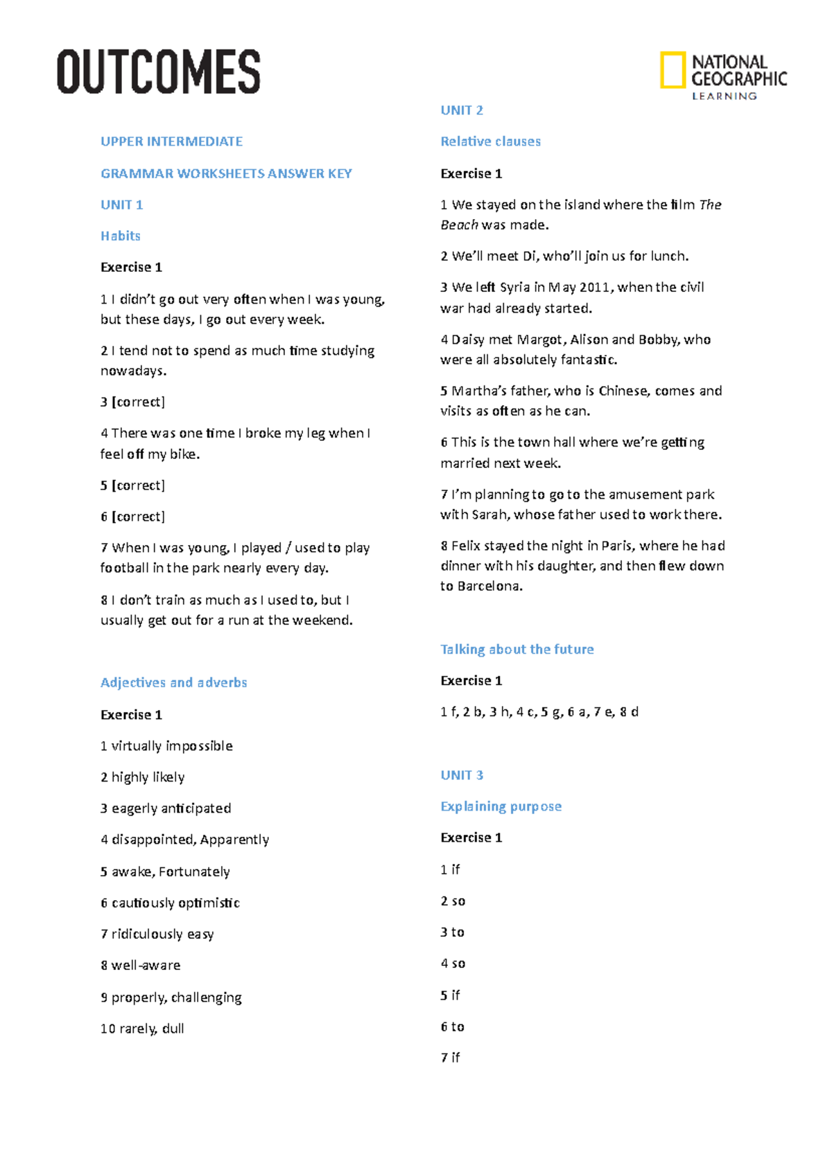 Grammar Worksheets - Extra In-Class Practice for UNIT 2 UPPER ...