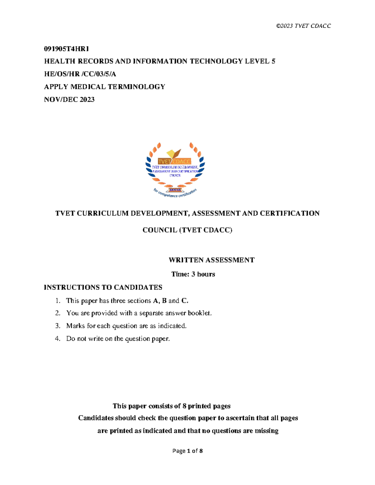 TVET CDACC 091905T4HRI Level 5 Medical Terminology Assessment 2023 - Studocu