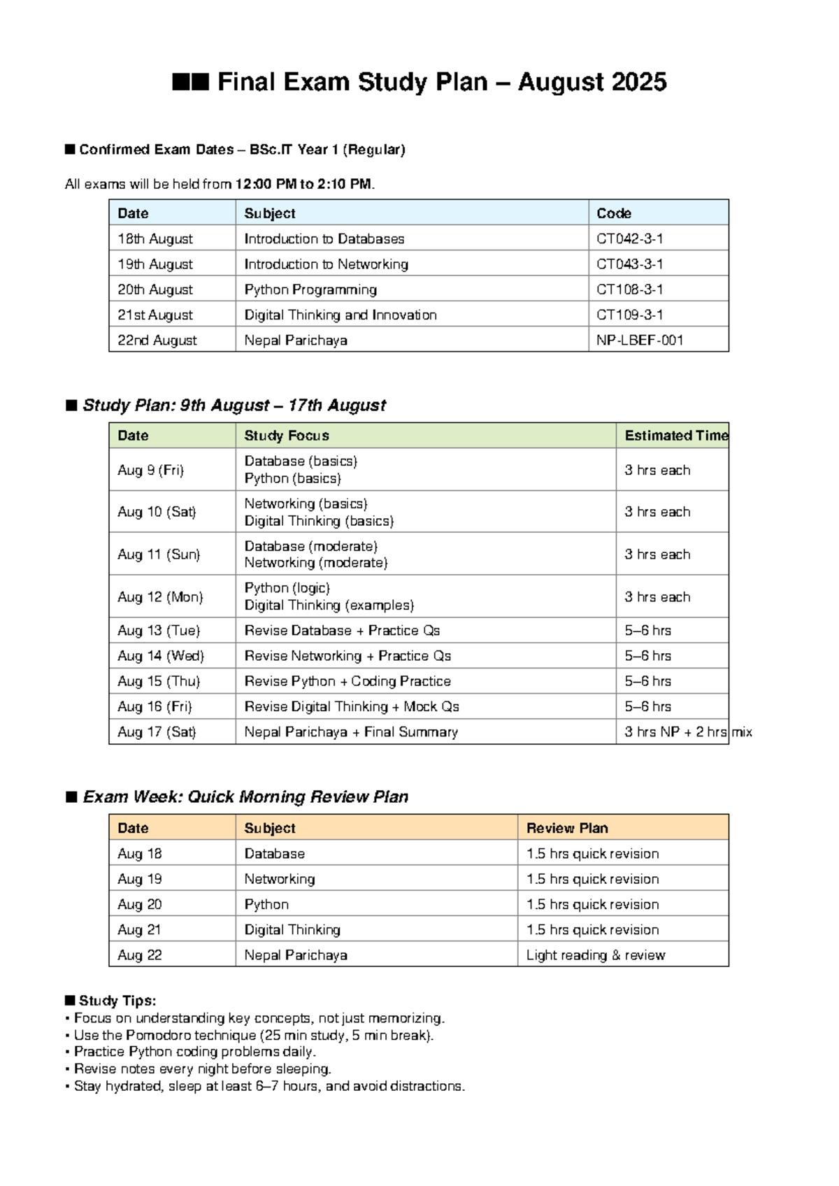 Final Exam Study Plan BSc.IT Year 1 - August 2025 - Studocu