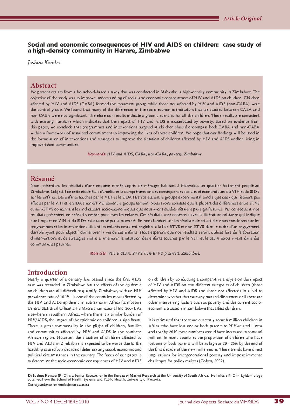 Social and Economic Consequences of HIV/AIDS on Children: A Case Study ...