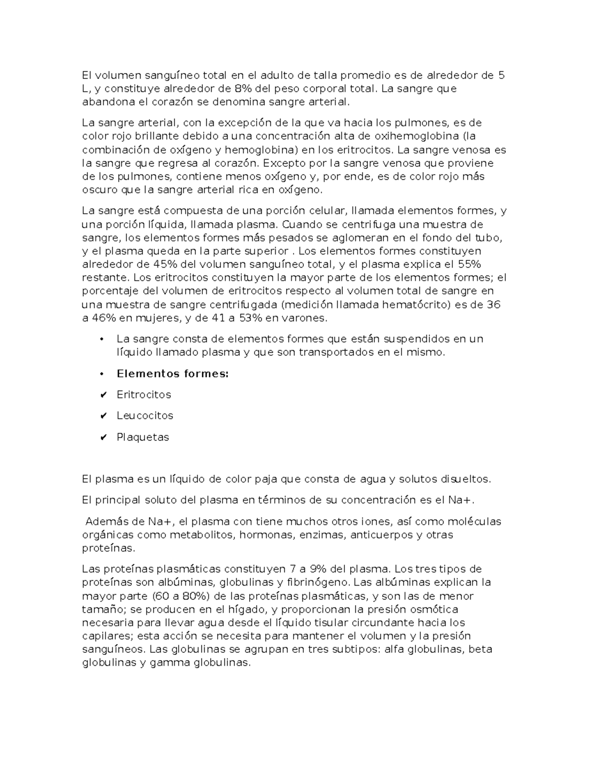 El volumen sanguíneo y su composición en el adulto promedio - Studocu