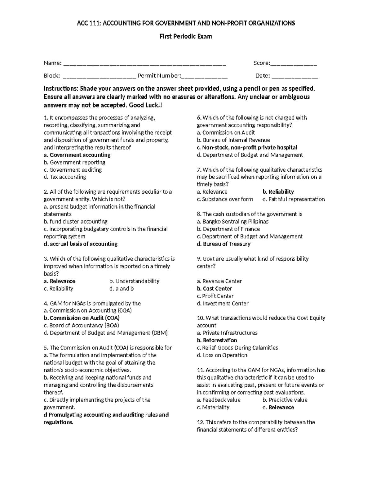 ACC-111 Government Accounting First Periodic Exam Answer Key - Studocu