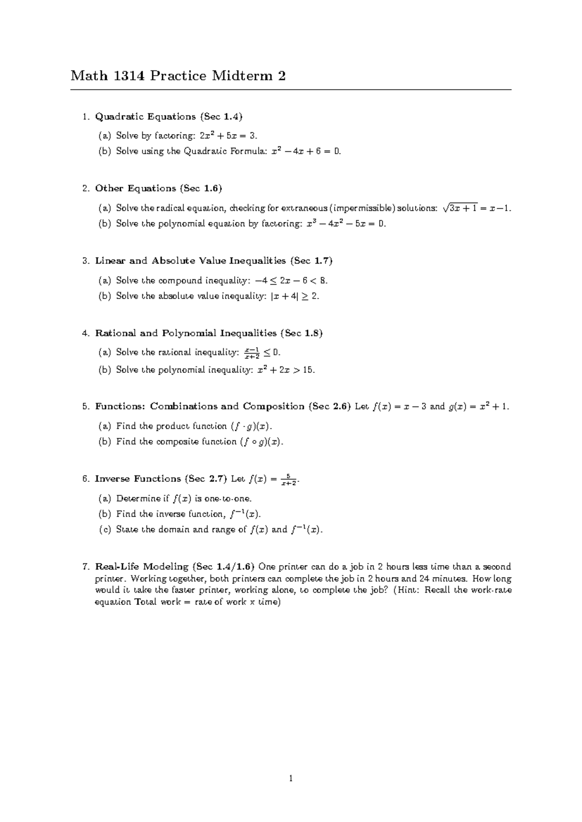 Math 1314 Practice Midterm Exam 2: Quadratics, Inequalities & Functions ...