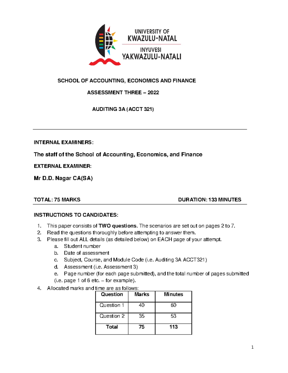 ACCT 321 - 2022 Auditing Assessment 3: Full Exam Paper Analysis - Studocu