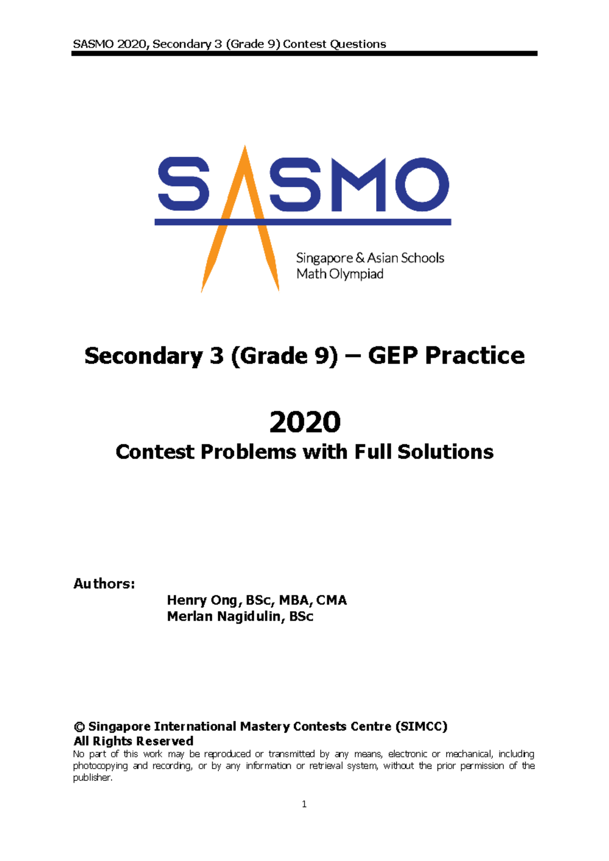 SASMO 2020 Secondary 3 (Grade 9) Contest Questions & Solutions - Studocu