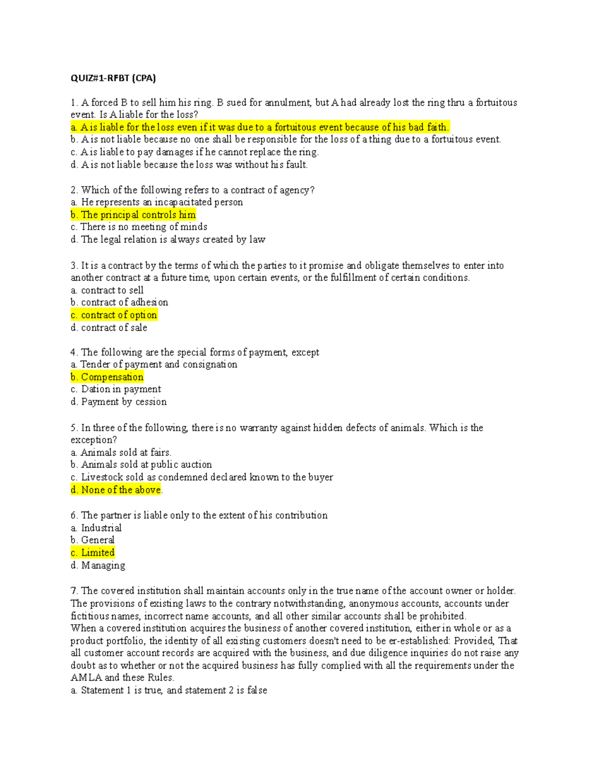 RFBT with answers - QUIZ#1-RFBT (CPA) A forced B to sell him his ring ...