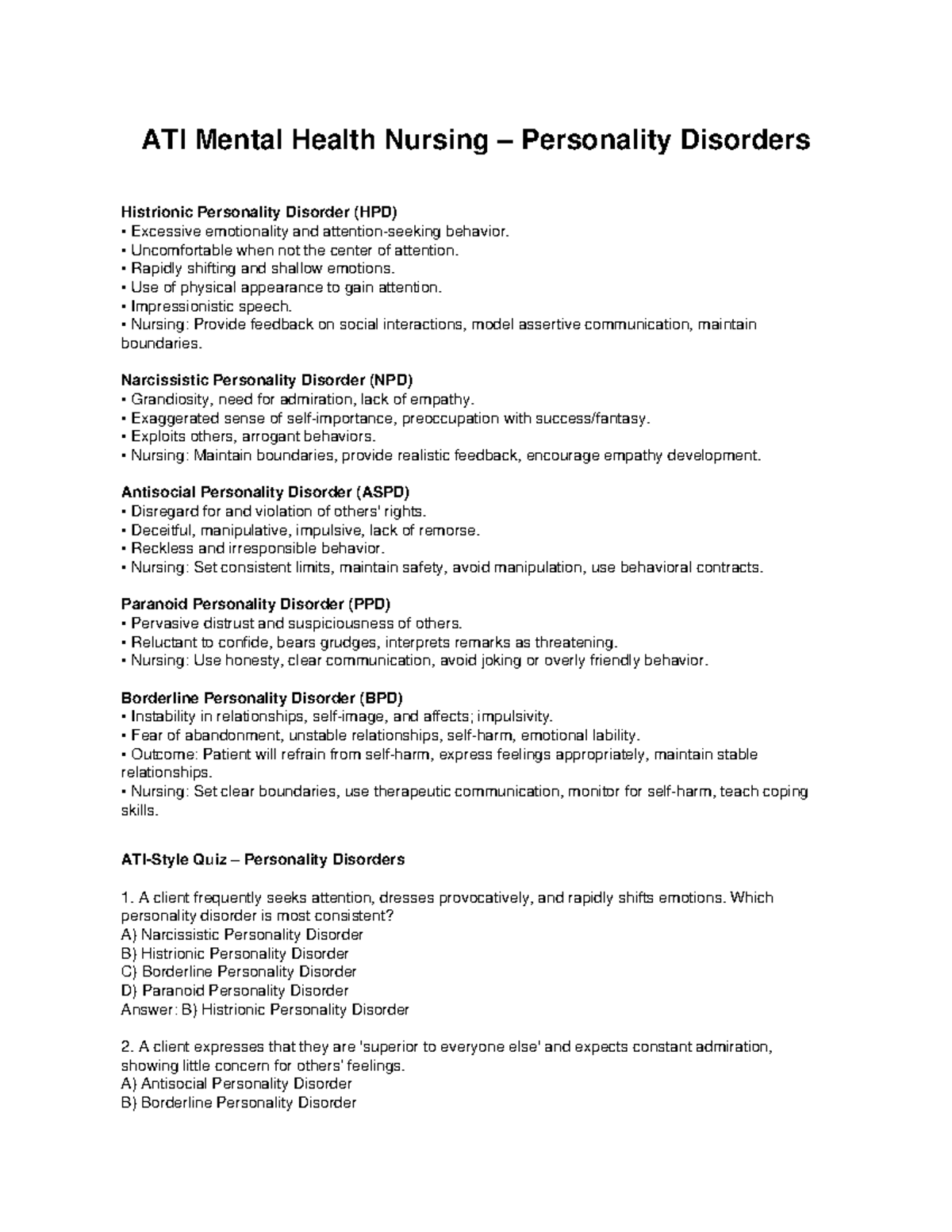 ATI Personality Disorders Study Guide: Key Concepts & Nursing ...
