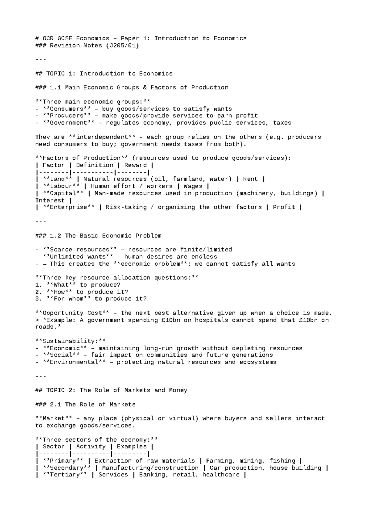 OCR GCSE Economics Paper 1: Comprehensive Revision Notes - Studocu