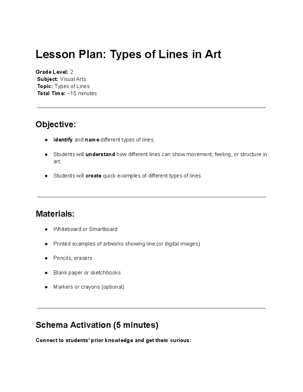Lesson Plan: Exploring Types of Lines in Art for Visual Arts Class ...