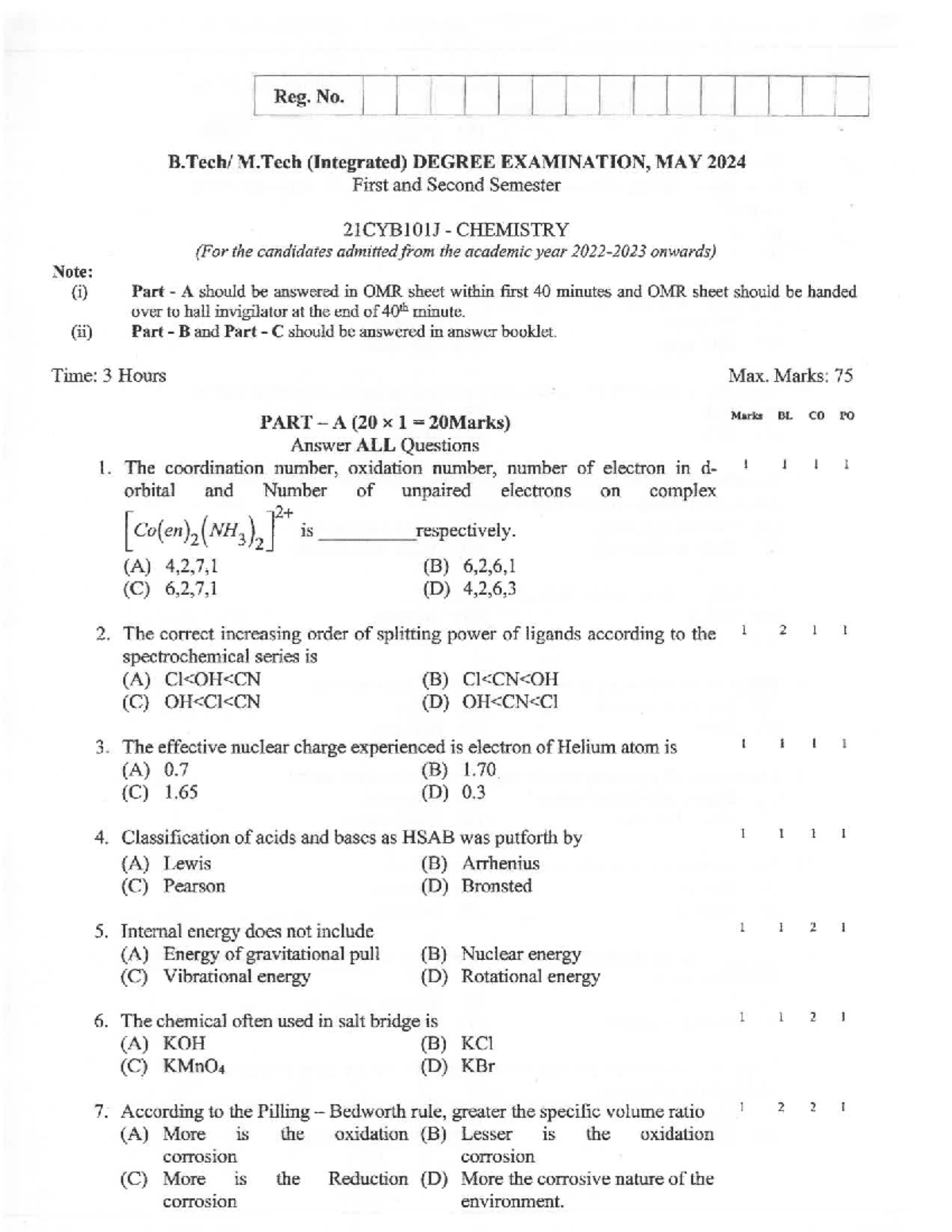 Chemistry (Integrated) DEGREE EXAMINATION May 2024 Question Paper - Studocu
