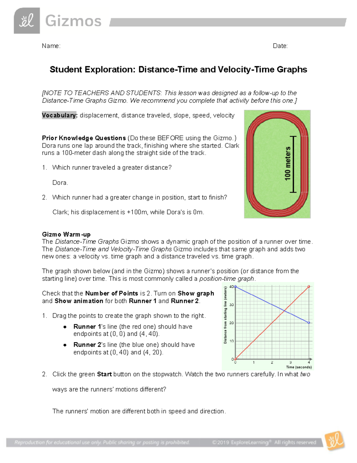 Distance Time Velocity Gizmos - Name: Date: Student Exploration ...