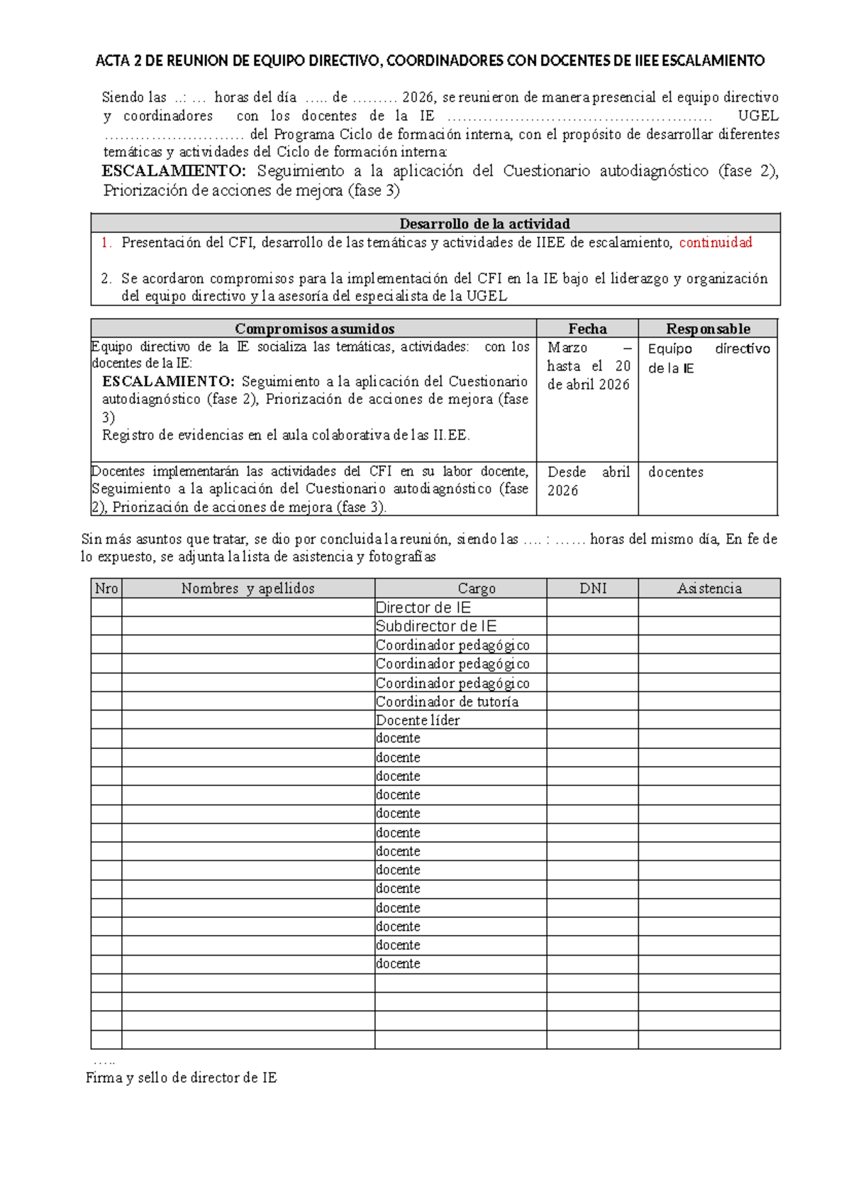 ACTA 2 REUNIÓN EQUIPO DIRECTIVO Y DOCENTES IIEE CFI Escalamiento - Studocu
