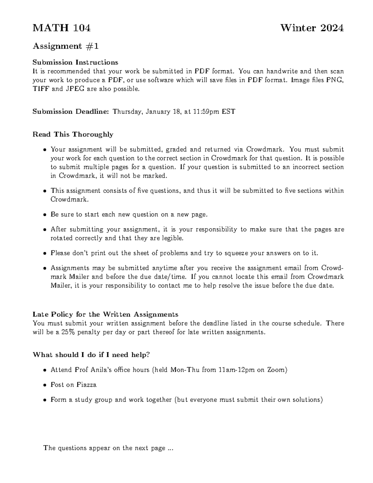 Math 104 - Winter 2024 Assignment Submission Guidelines and Tips - Studocu