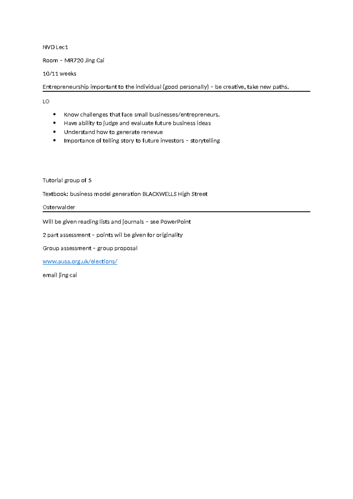 New Venture Development Lecture 1 Notes - NVD Lec Room – MR720 Jing Cai ...