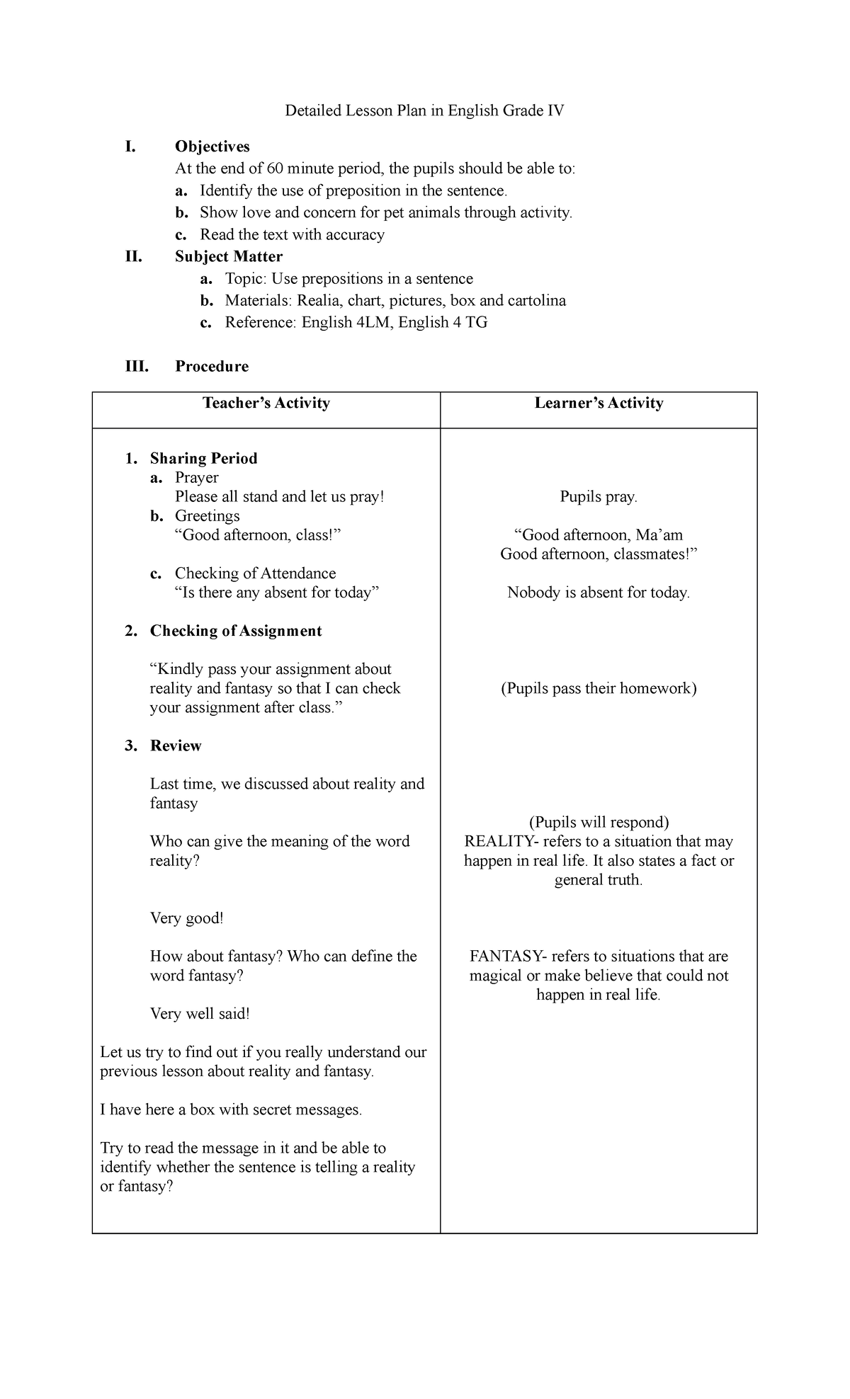Grade 4 LP English - Detailed Lesson Plan in English Grade IV I ...