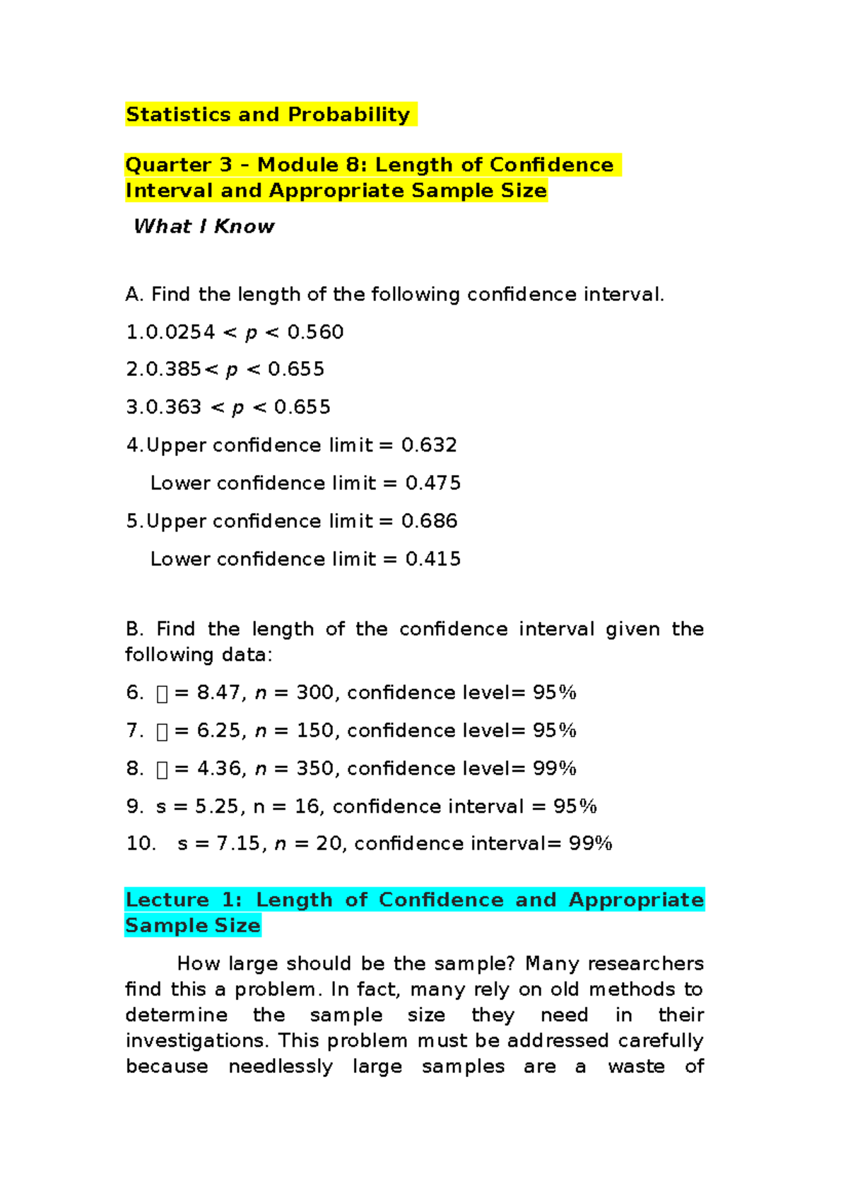 Statistics Probability Quarter 3 Module 8: Length of Confidence ...