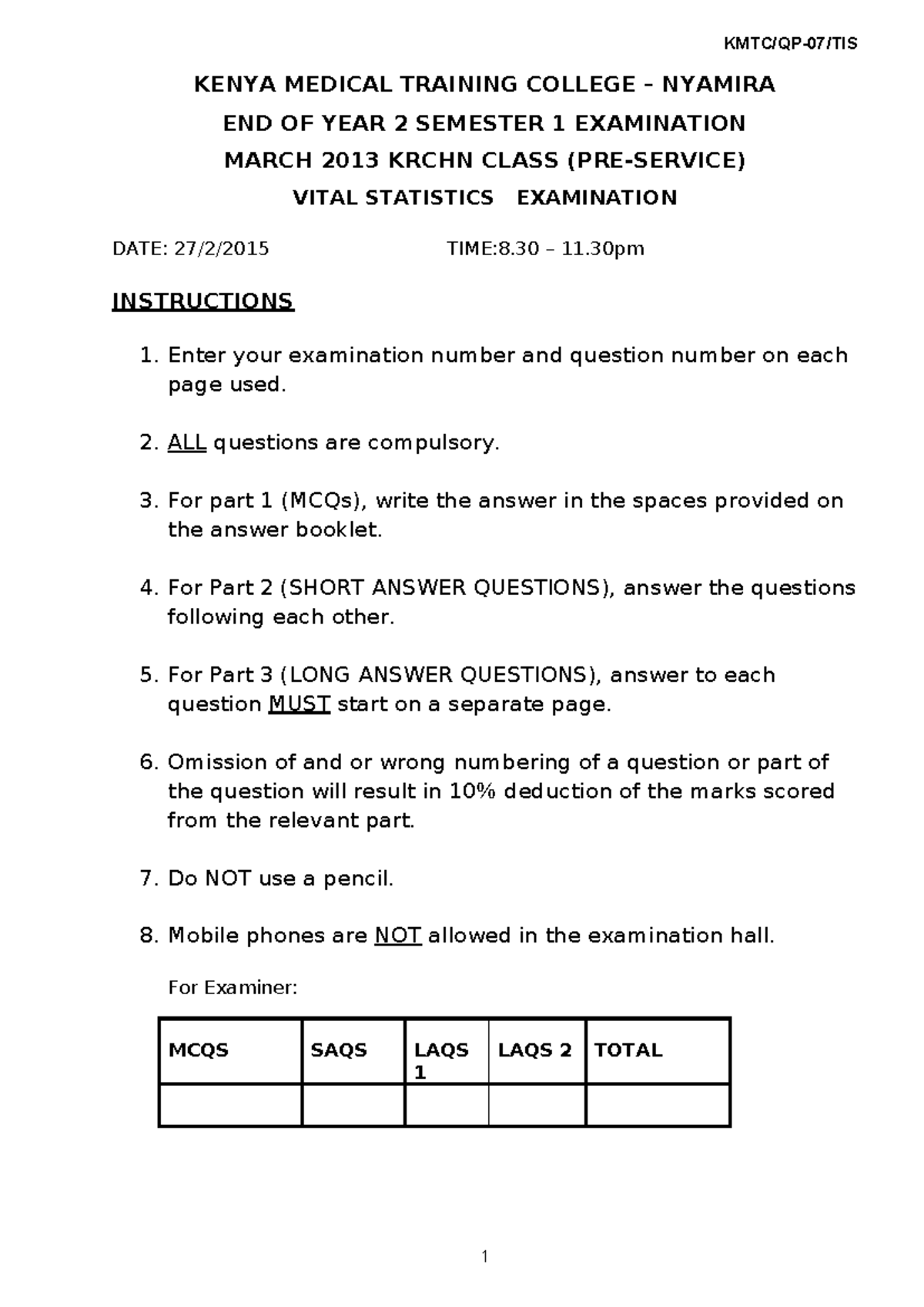 KENYA MEDICAL TRAINING COLLEGE KRCHN VITAL STATISTICS EXAM MARCH 2013 ...