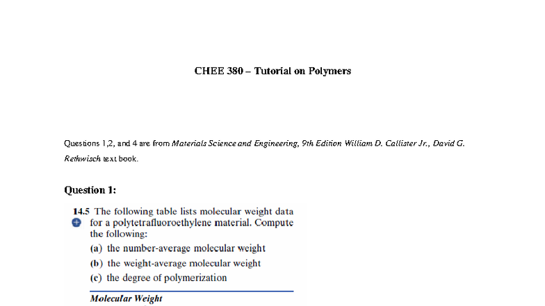 CHEE 380 Tutorial on Polymers - December 2022 Solutions - Studocu