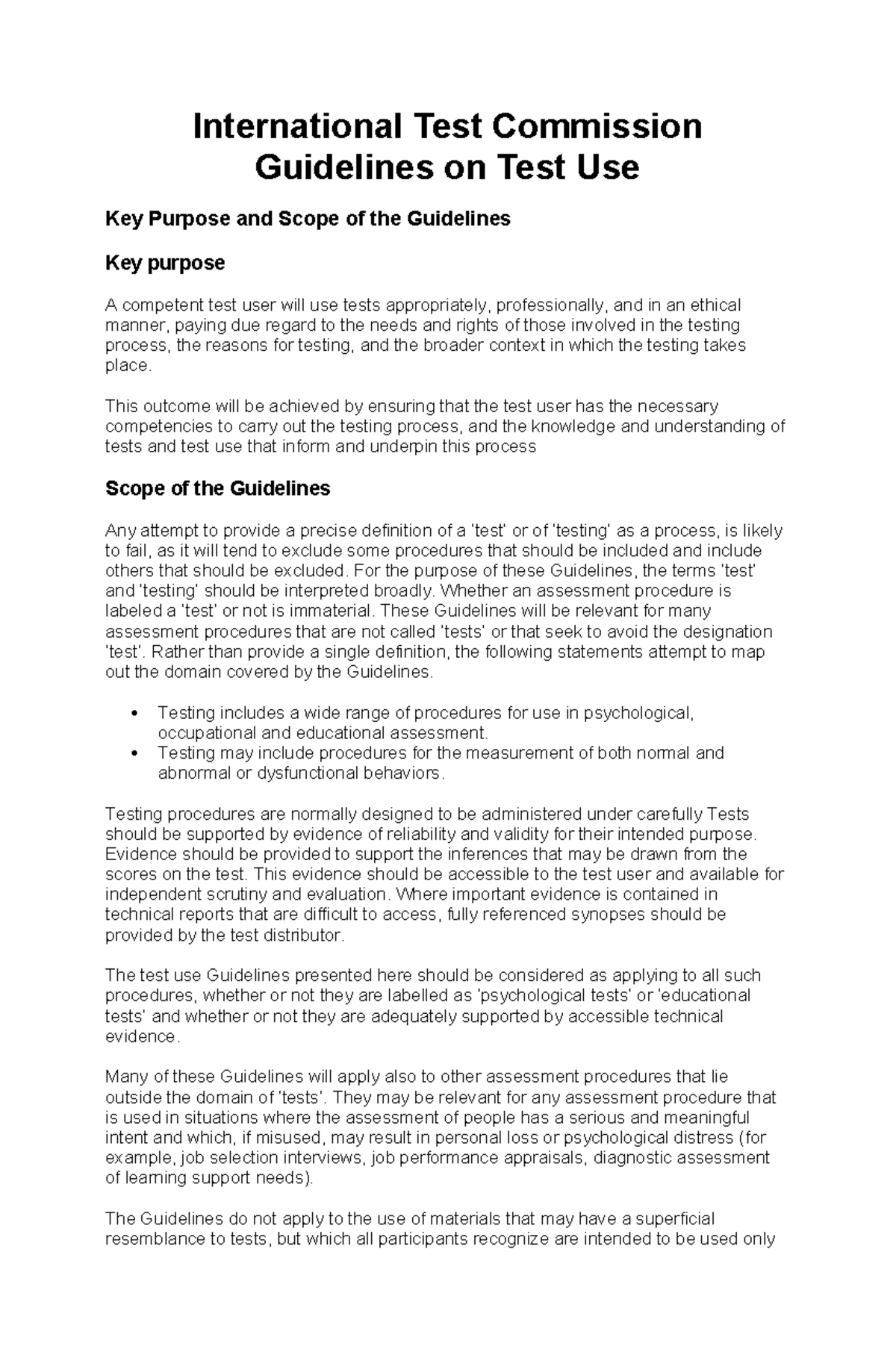 ITC Guidelines on Competent Test Use and Best Practices - Studocu