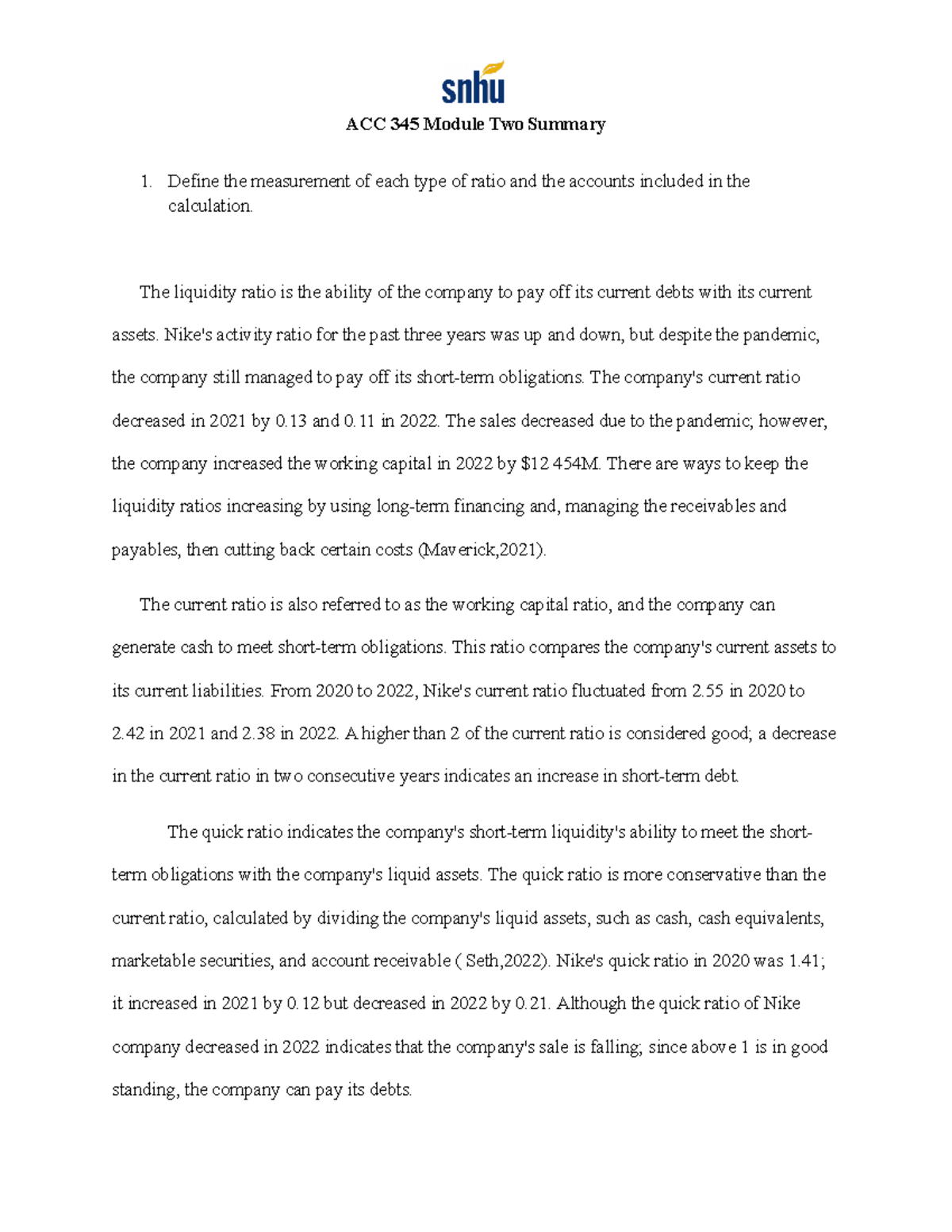 ACC 345 Module Two Financial Ratios Summary and Analysis - Studocu