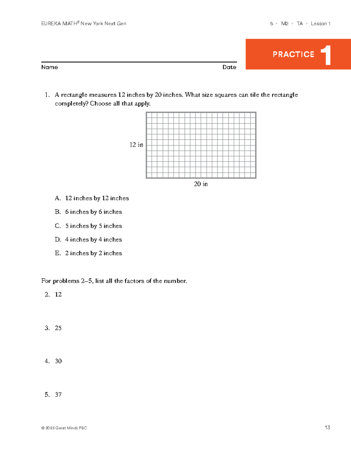 EUREKA MATH 2 NY 6 M2 TA Lesson 1 Practice Problems - Studocu