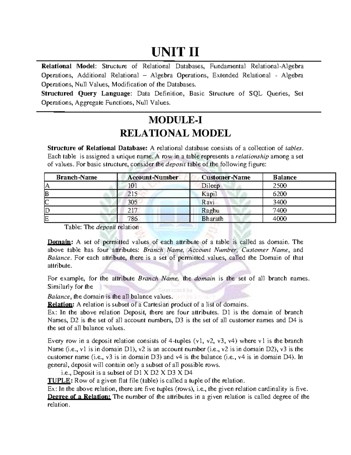 Dbms unit ii notes - dbms - UNIT II Relational Model: Structure of ...