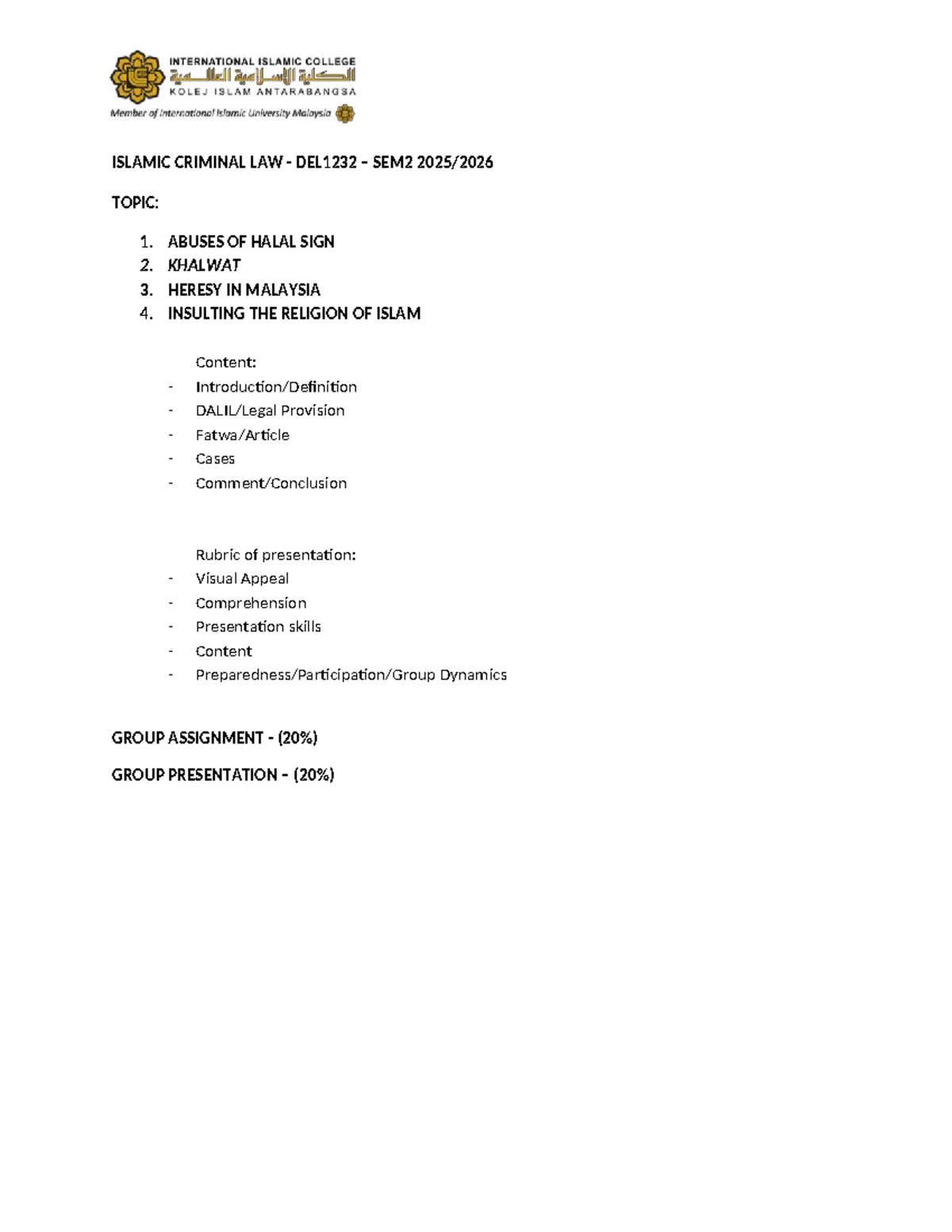 Group Assignment DEL1232 Sem 2 25-26 - Islamic Criminal Law - ISLAMIC ...