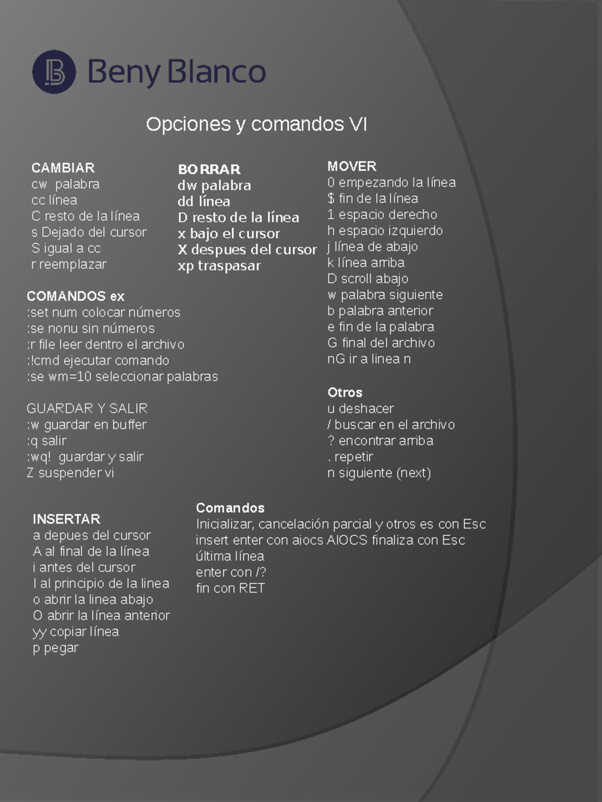Comandos-VI - Cheat Sheet - BORRAR dw palabra dd línea D resto de la ...
