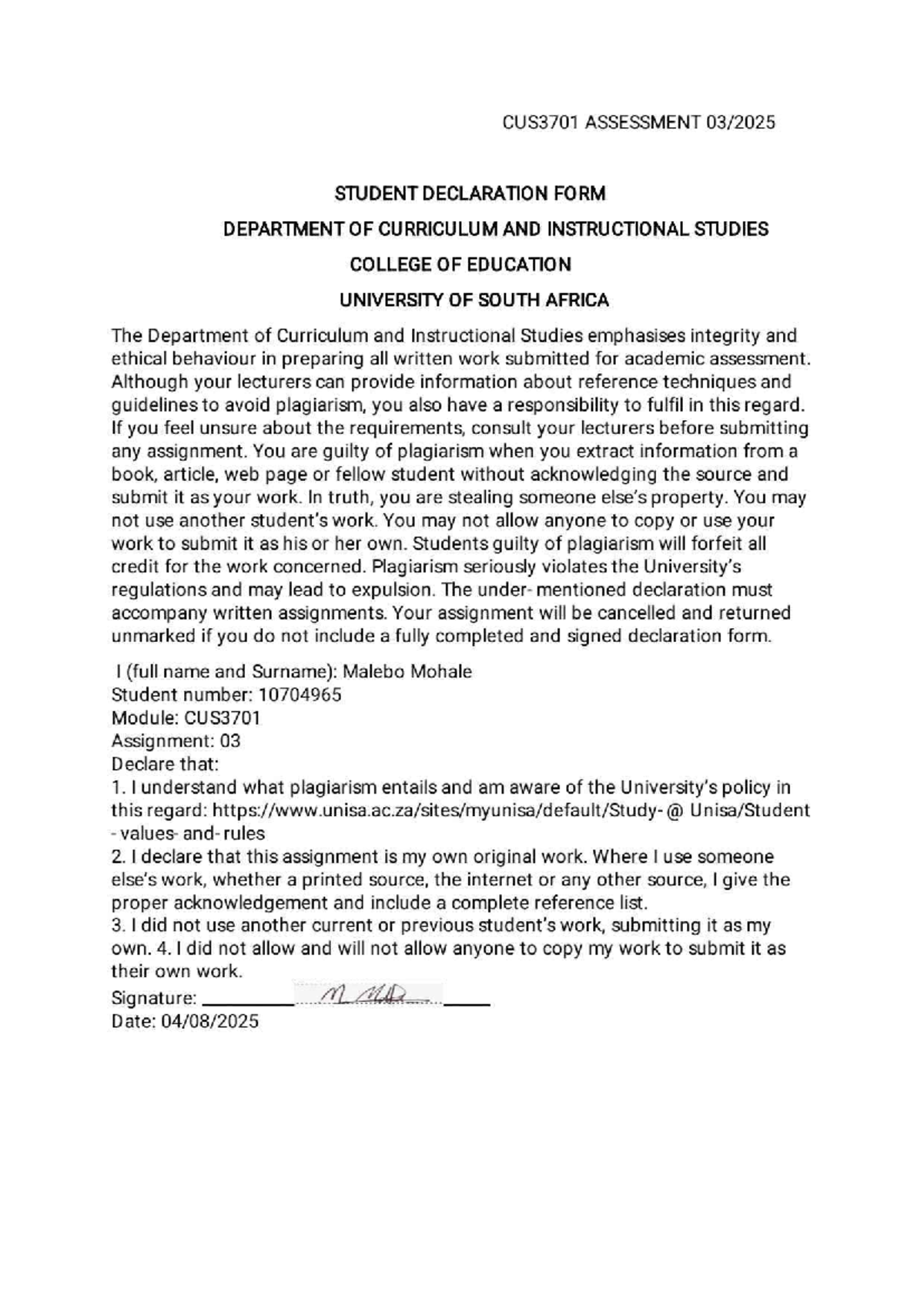 CUS3701 Final Assessment: Student Declaration & Plagiarism Policy - Studocu