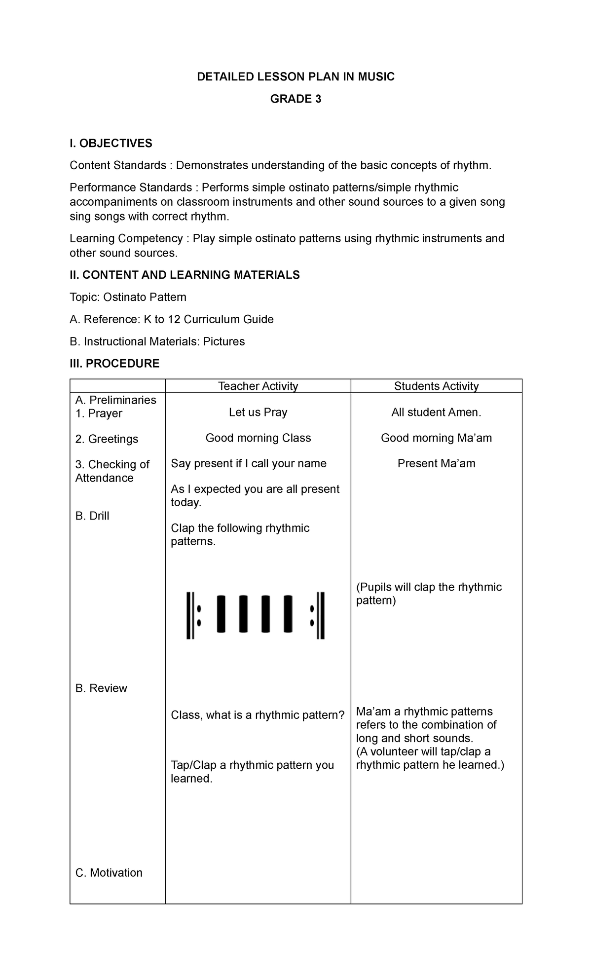 Detailed Lesson Plan on Ostinato Patterns - BEED II - Studocu